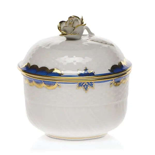 HEREND Princess Victoria Blue Covered Sugar With Rose