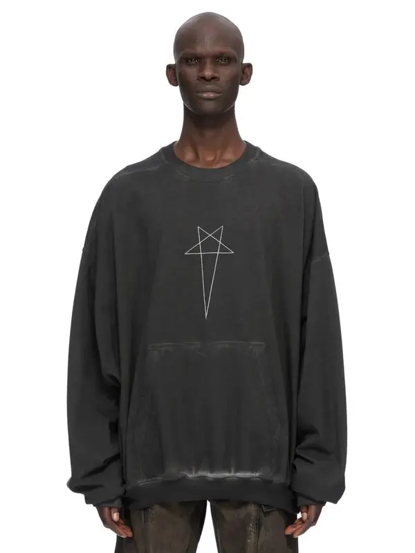 Rick Owens Stonewashed Crewneck Sweatshirt With Front Print & Kangaroo Pocket - Nero
