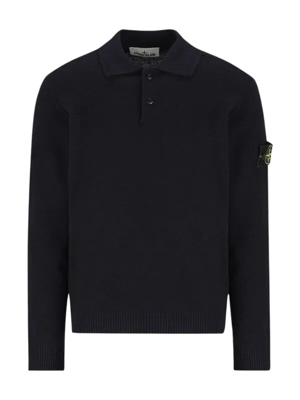 Stone Island Ribbed Collar Two-button Placket Sweater With Badge Detail - Blu