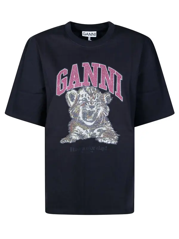 GANNI Heavy Cotton T-shirt With Tiger Print - Nero