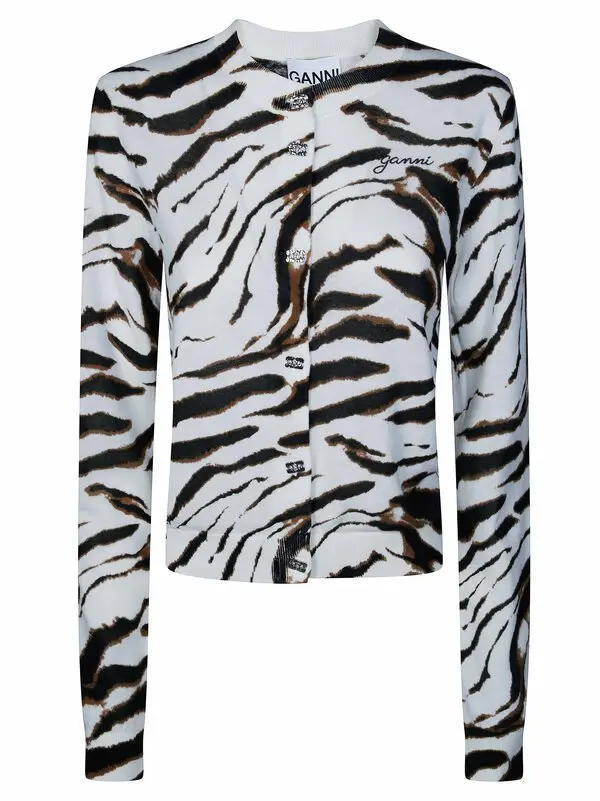 GANNI Sheer Printed Cotton Cardigan - Bianco