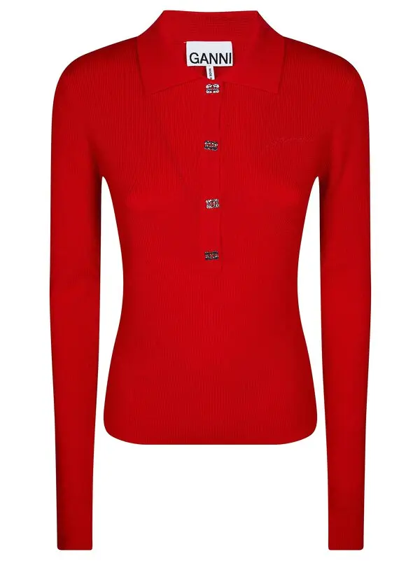 GANNI Merino Wool Ribbed Polo