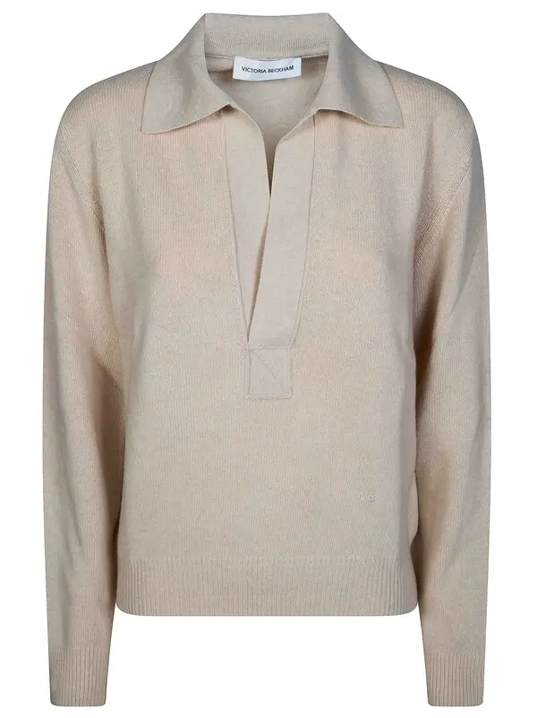 Victoria Beckham Polo Collar Merino Cashmere Jumper - Beige