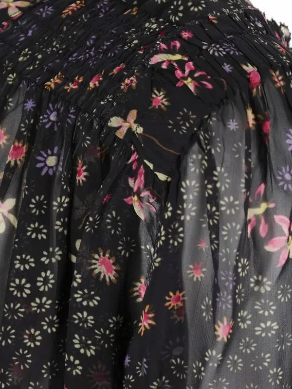 MARANT ETOILE Floral Print Pleated Sheer Blouse - Black