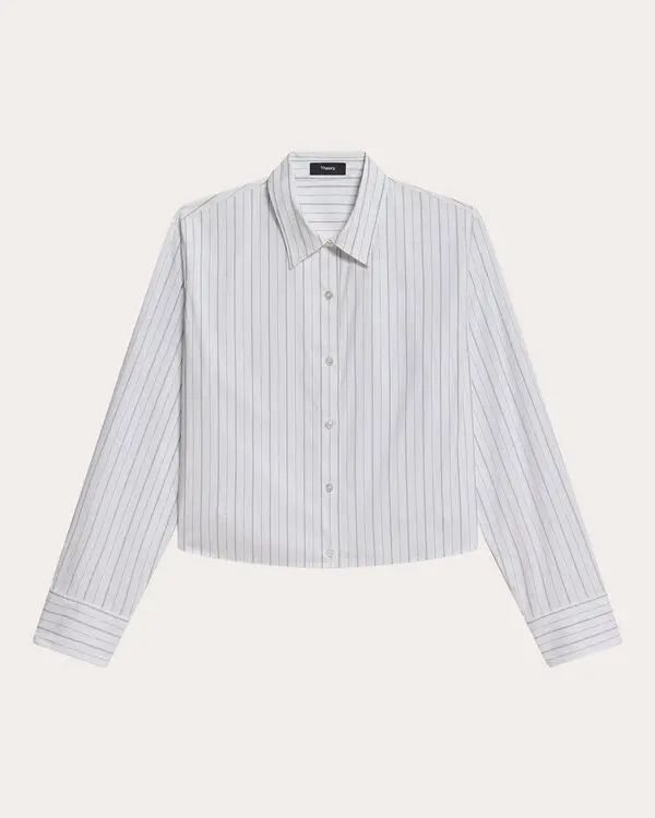 Theory Stripe Poplin Cropped Tab Shirt