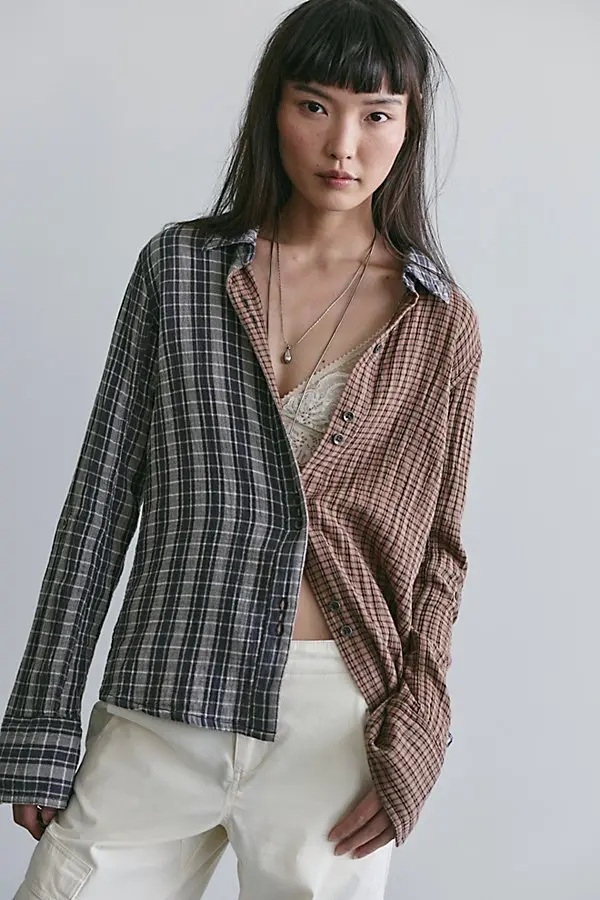 Free People We The Free Benny Slim Plaid Button-down Shirt - Brown Combo