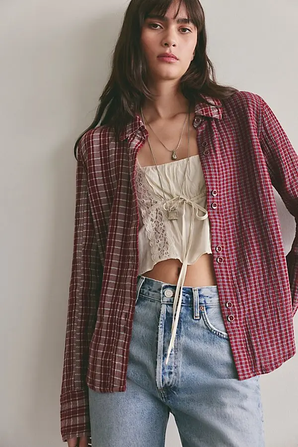 Free People We The Free Benny Slim Plaid Button-down - Rust Red Combo