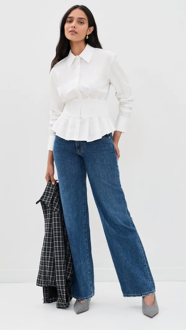 Alice + Olivia Edie Gathered Corset Button Down Top