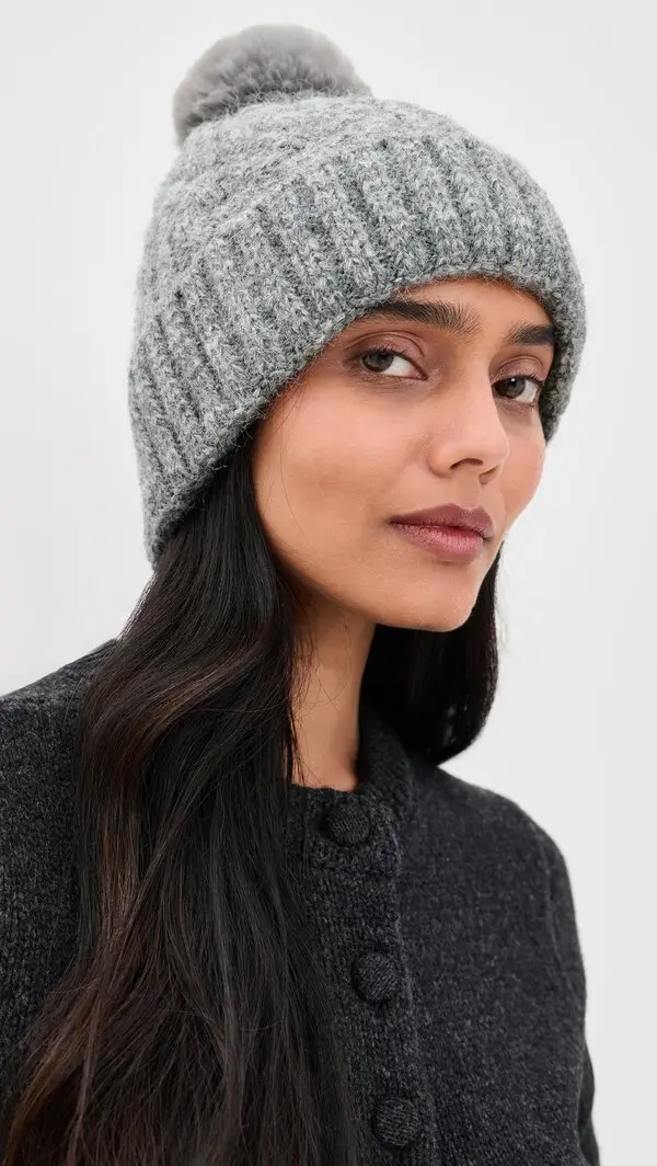Hat Attack Alpine Cable Beanie With Pom - Heather Grey