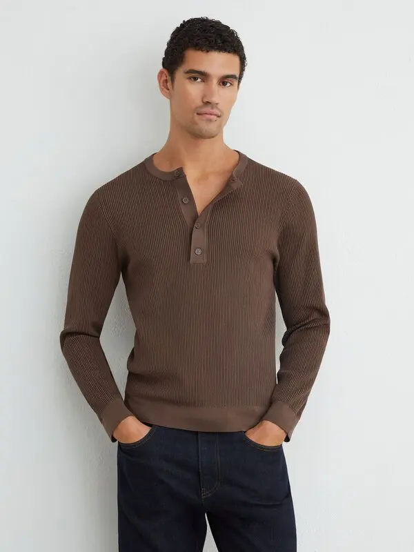 REISS Declan Ribbed Long-sleeve Henley Top