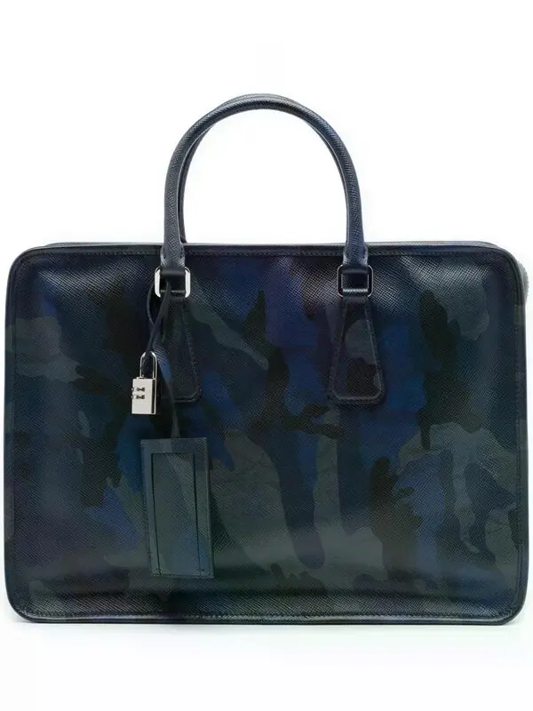 Prada Saffiano Camouflage Print Briefcase Business Bag - Blue