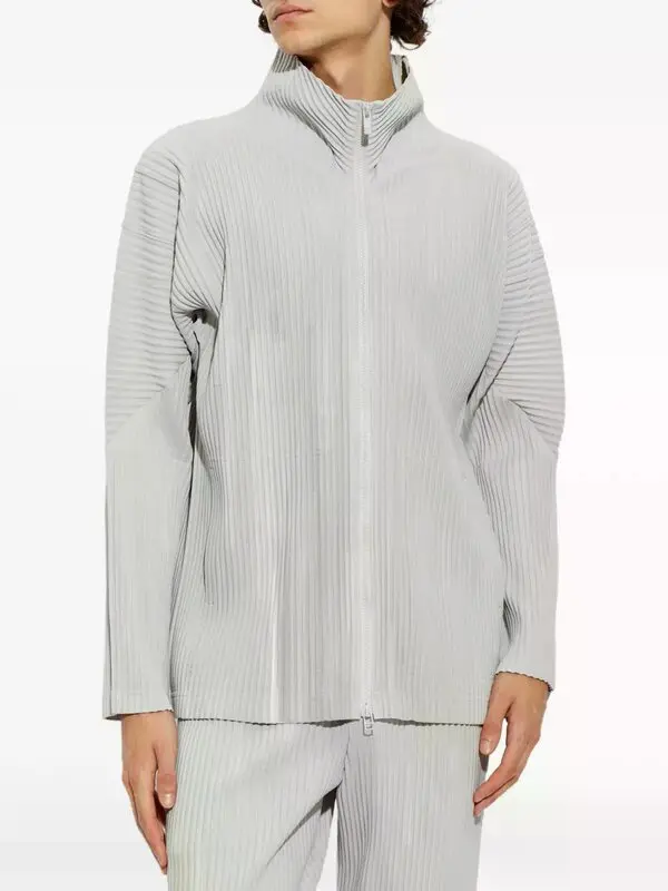 Issey Miyake Pleated High Neck Zip-up Jacket - Grey