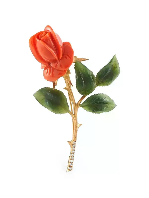 LB EXCLUSIVE Coral Jade And Diamond Brooch - Gold
