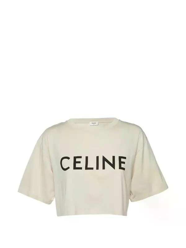 Celine Logo-print Cropped T-shirt - Neutrals