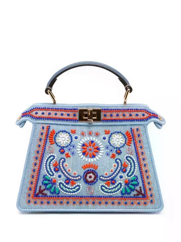 Fendi Embroidered Denim Peekaboo Iseeu Satchel - Blue