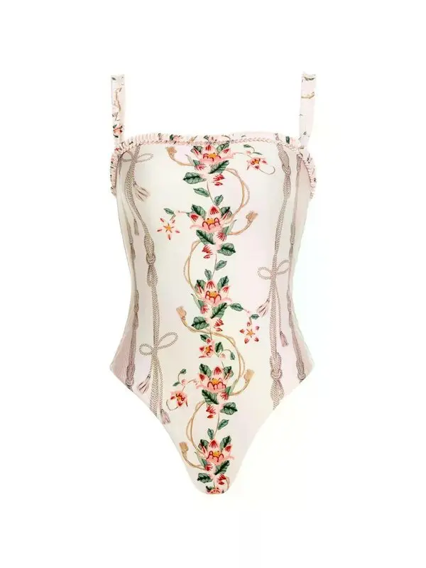 Agua Bendita Limon Navegante Floral-print Ruffled Swimsuit - White