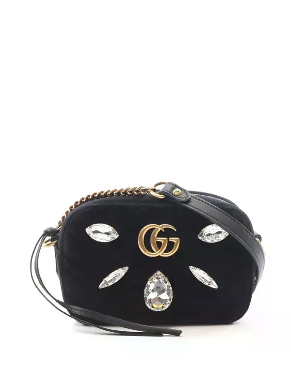 Gucci 2016-2026 Mini Gg Marmont Crystal Embellished Matelasse Velvet Crossbody Bag - Black