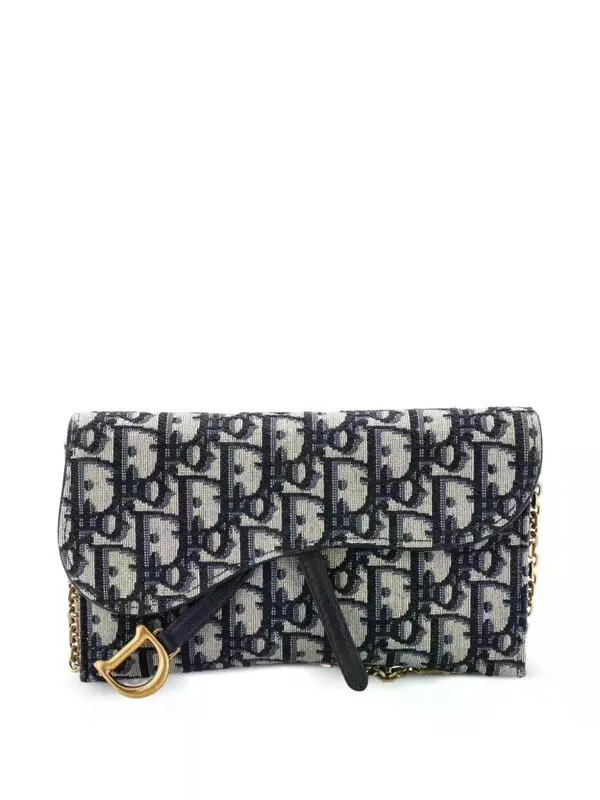 Dior Saddle Chain Wallet Oblique Canvas Cross Body Bag - Blue
