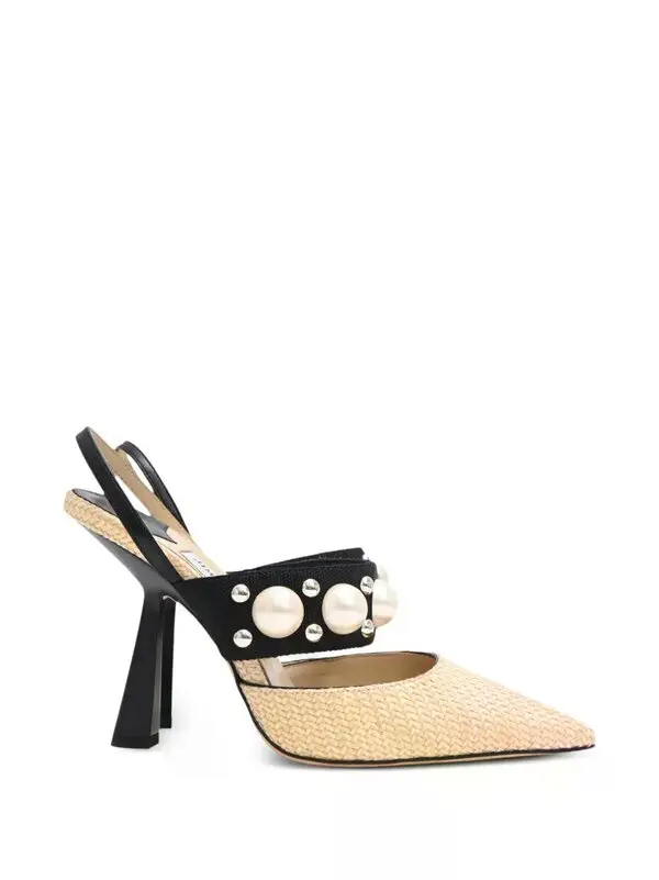 JIMMY CHOO Pearl-embellished Raffia Slingback Pumps - Neutrals
