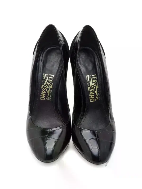 FERRAGAMO Croc-embossed Almond Toe Tiered High-heel Pumps
