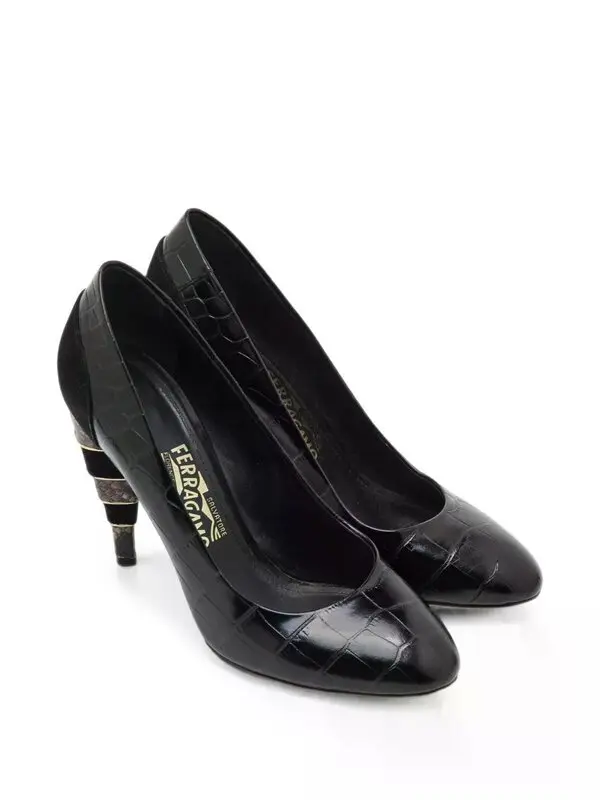 FERRAGAMO Croc-embossed Almond Toe Tiered High-heel Pumps