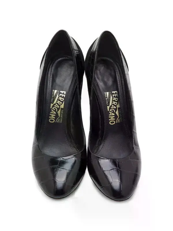 FERRAGAMO Croc-embossed Almond Toe Tiered High-heel Pumps - Black