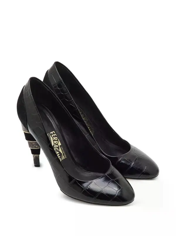 FERRAGAMO Croc-embossed Almond Toe Tiered High-heel Pumps