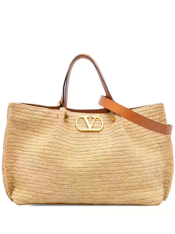Valentino Garavani 2018-2026 Medium Raffia Vlogo Tote Satchel