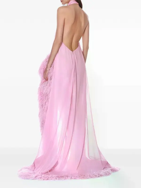 BRONX AND BRONCO Madeline Feather-trim Halterneck Maxi Gown