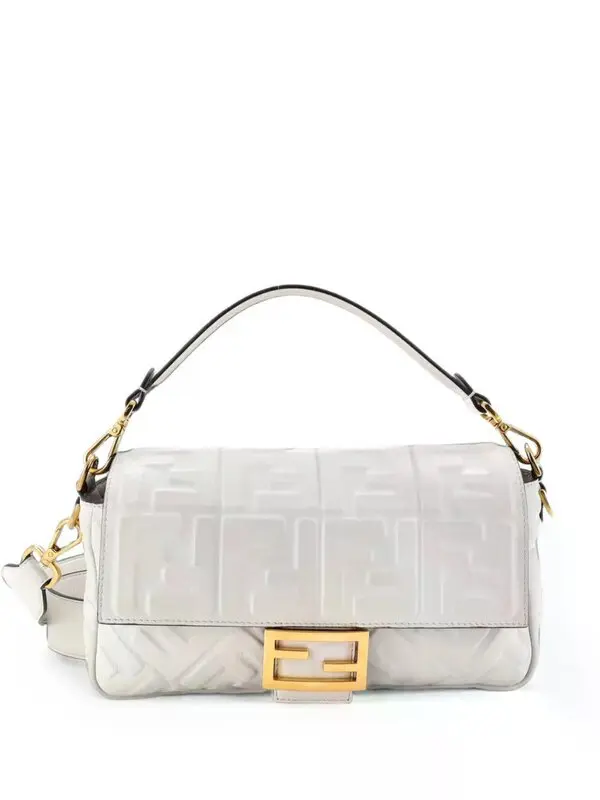 Fendi Baguette Nm Bag Zucca Embossed Leather Medium Crossbody Bag - White