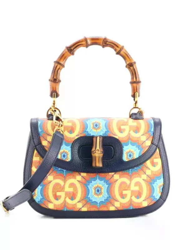 Gucci Bamboo 1947 Top Handle Bag Kaleidoscope Print Gg Coated Canvas Medium Crossbody Bag - Blue