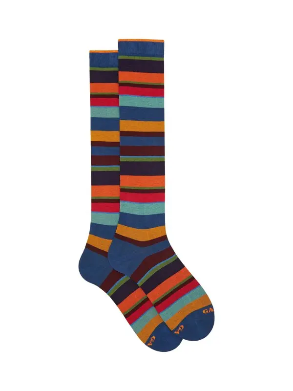 GALLO Long Blue Warm Cotton Socks With Multicoloured Stripes