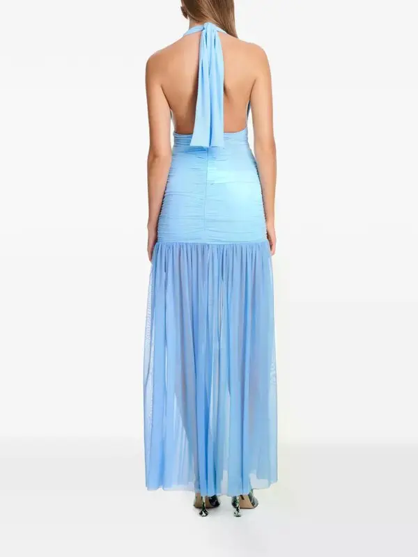 AXEL 113 Stasi Ruched Halterneck Sheer-skirt Flared Maxi Dress