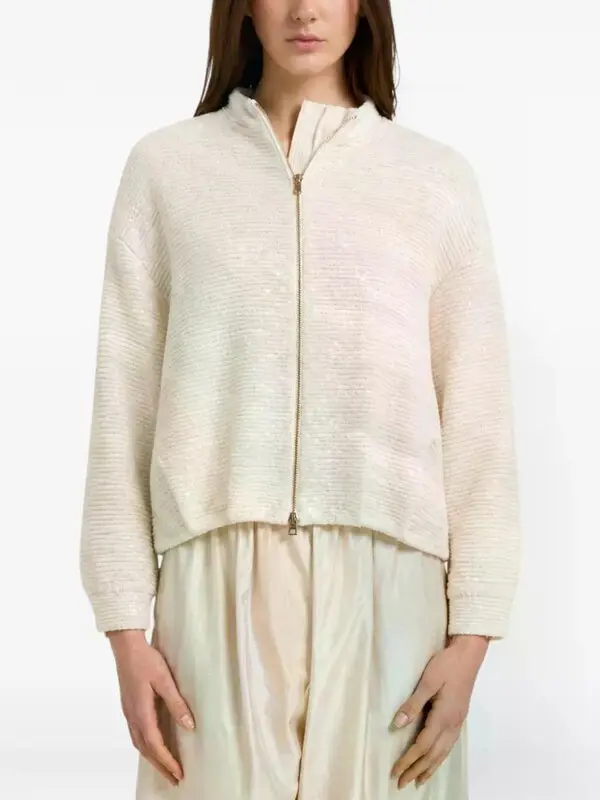 Herno Sequin-embellished Ribbed-knit Bomber Jacket - Neutrals