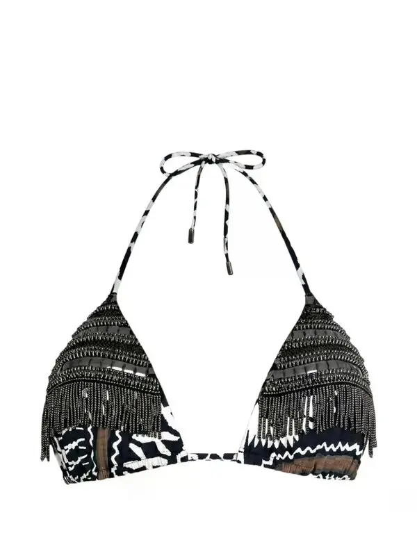 MISS BIKINI LUXE Fringe Triangle Bikini Top - Black