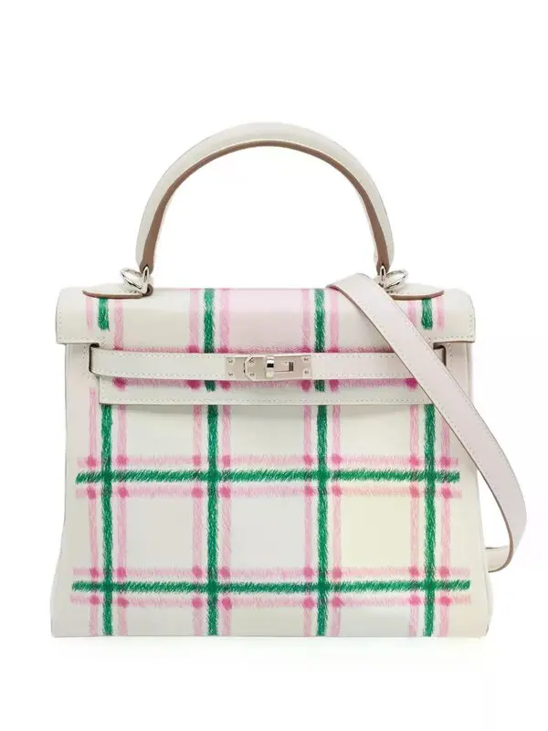 Hermès 2025 25 Kelly Retourne Tartan Cross Body Bag - White