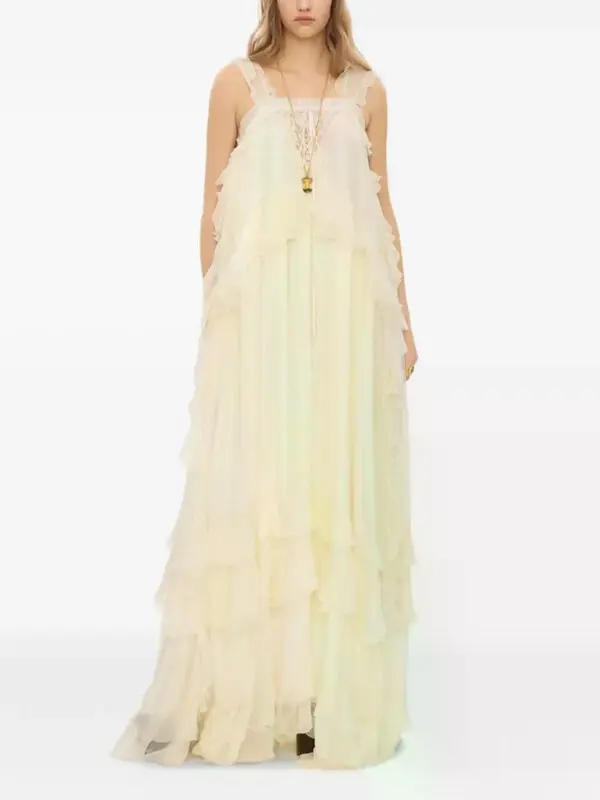 Chloé Sleeveless Layered Long Dress In Silk Mousseline And Lace