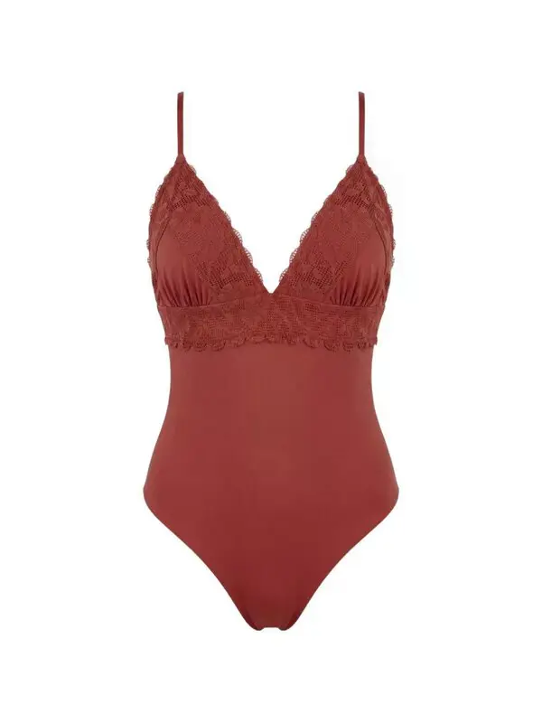 MISS BIKINI LUXE Crochet Floral-trim Swimsuit - Brown