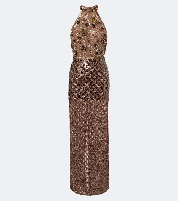 LA FUORI Là Fuori Scales Of Gold Embellished Halterneck Gown - Brown