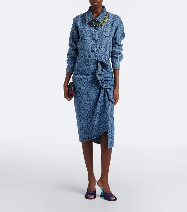 Dries Van Noten Floral Ruffled Denim Midi Skirt