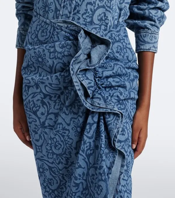 Dries Van Noten Floral Ruffled Denim Midi Skirt