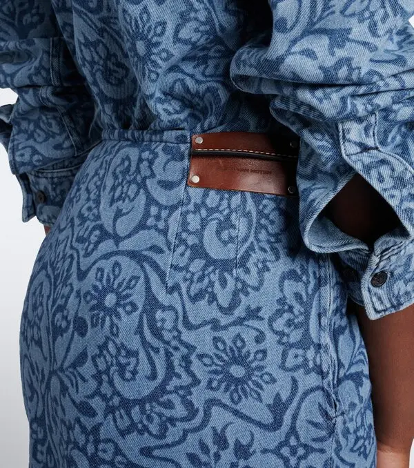 Dries Van Noten Floral Ruffled Denim Midi Skirt