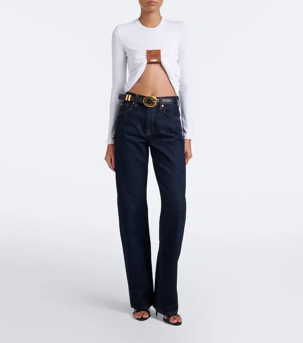 JEAN PAUL GAULTIER Gathered Leather-trimmed Jersey Top