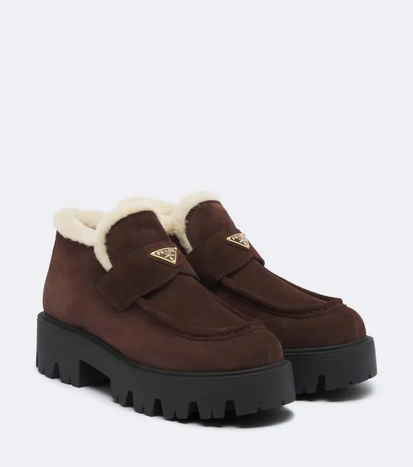 Prada Shearling-lined Suede Ankle Boots - Brown