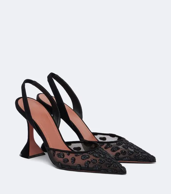 Amina Muaddi Holli Embellished Mesh Slingback Pumps