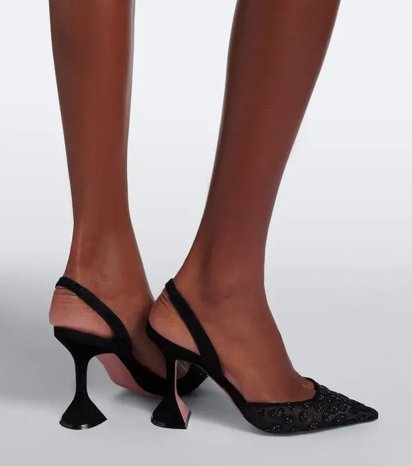 Amina Muaddi Holli Embellished Mesh Slingback Pumps