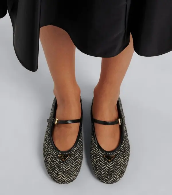 Prada Chevron Tweed Mary Jane Ballet Flats