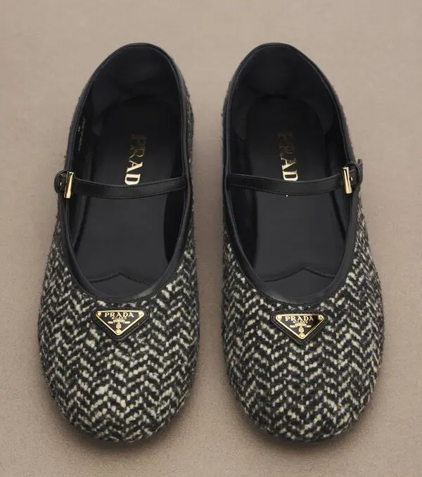 Prada Chevron Tweed Mary Jane Ballet Flats