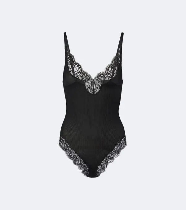 Saint Laurent Lace-trimmed Ribbed-knit Silk Bodysuit - Black