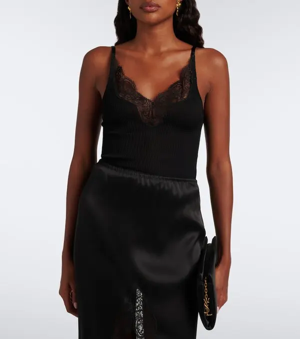 Saint Laurent Lace-trimmed Ribbed-knit Silk Bodysuit